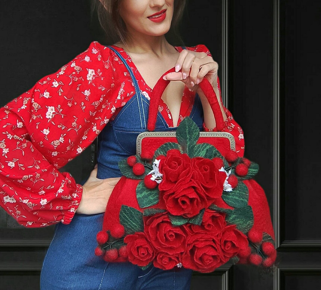 Red Women's Bag With Felted Flowers Decor Felted Hand Bag Felted Purse ...