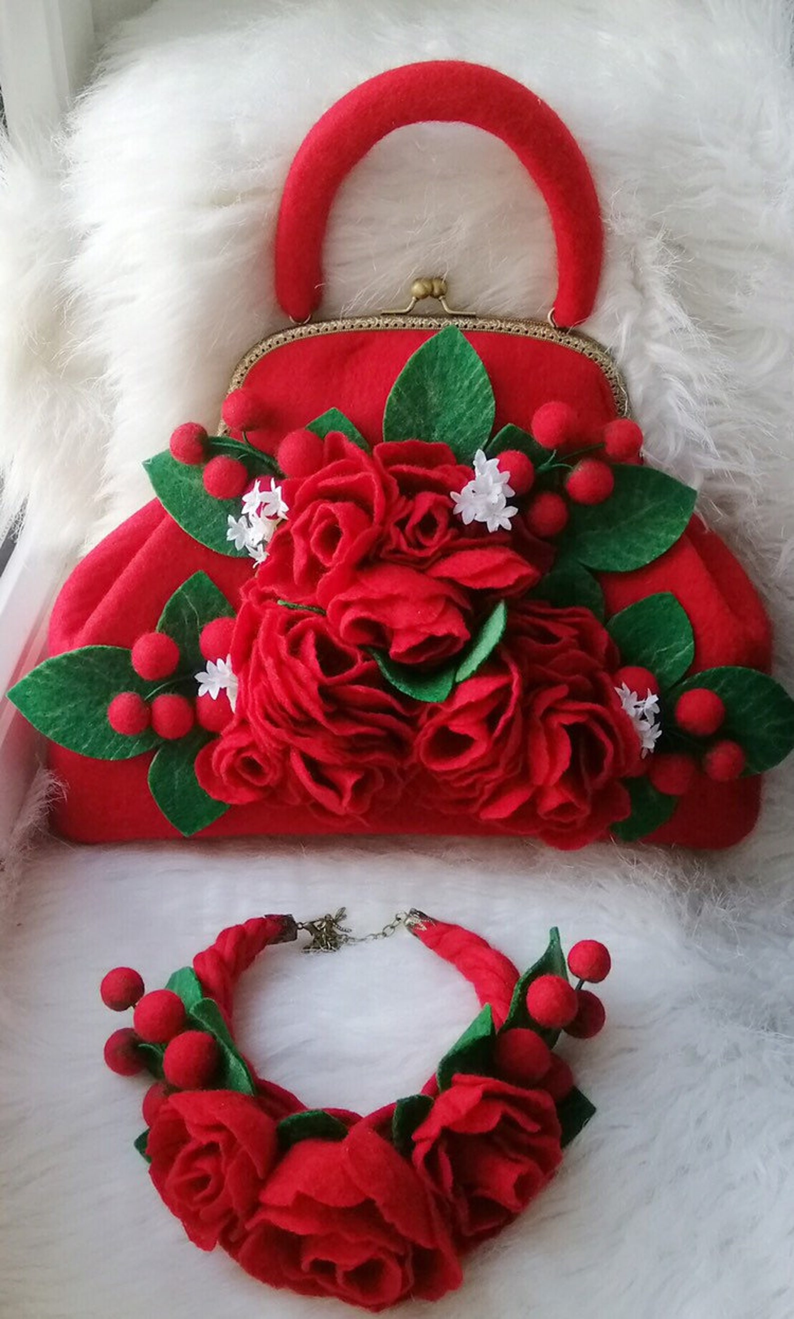 Red Women's Bag With Felted Flowers Decor Felted Hand Bag - Etsy