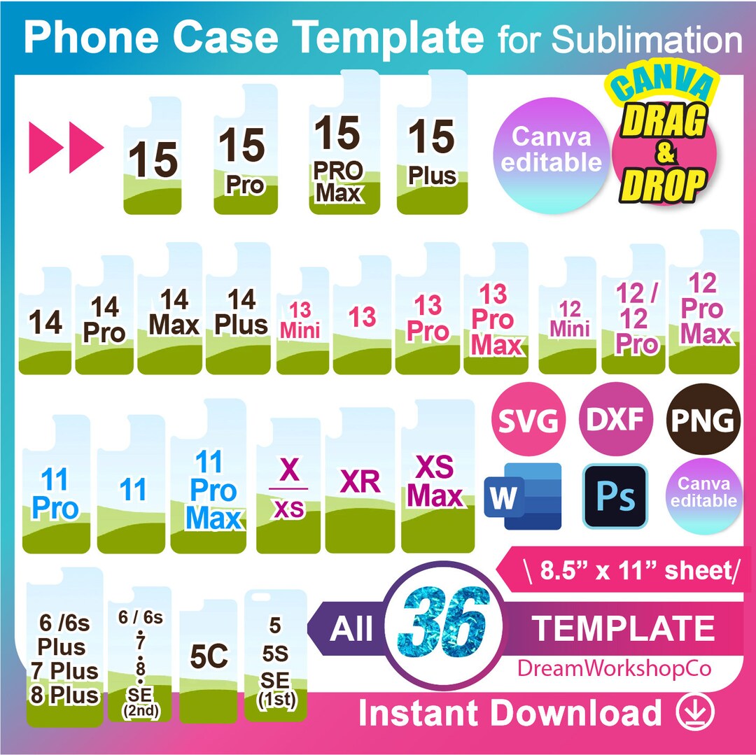 SALES!! Bundle Phone Case Template for Sublimation, 32 Models, Canva, SVG, Dxf, Ms Word Docx ...