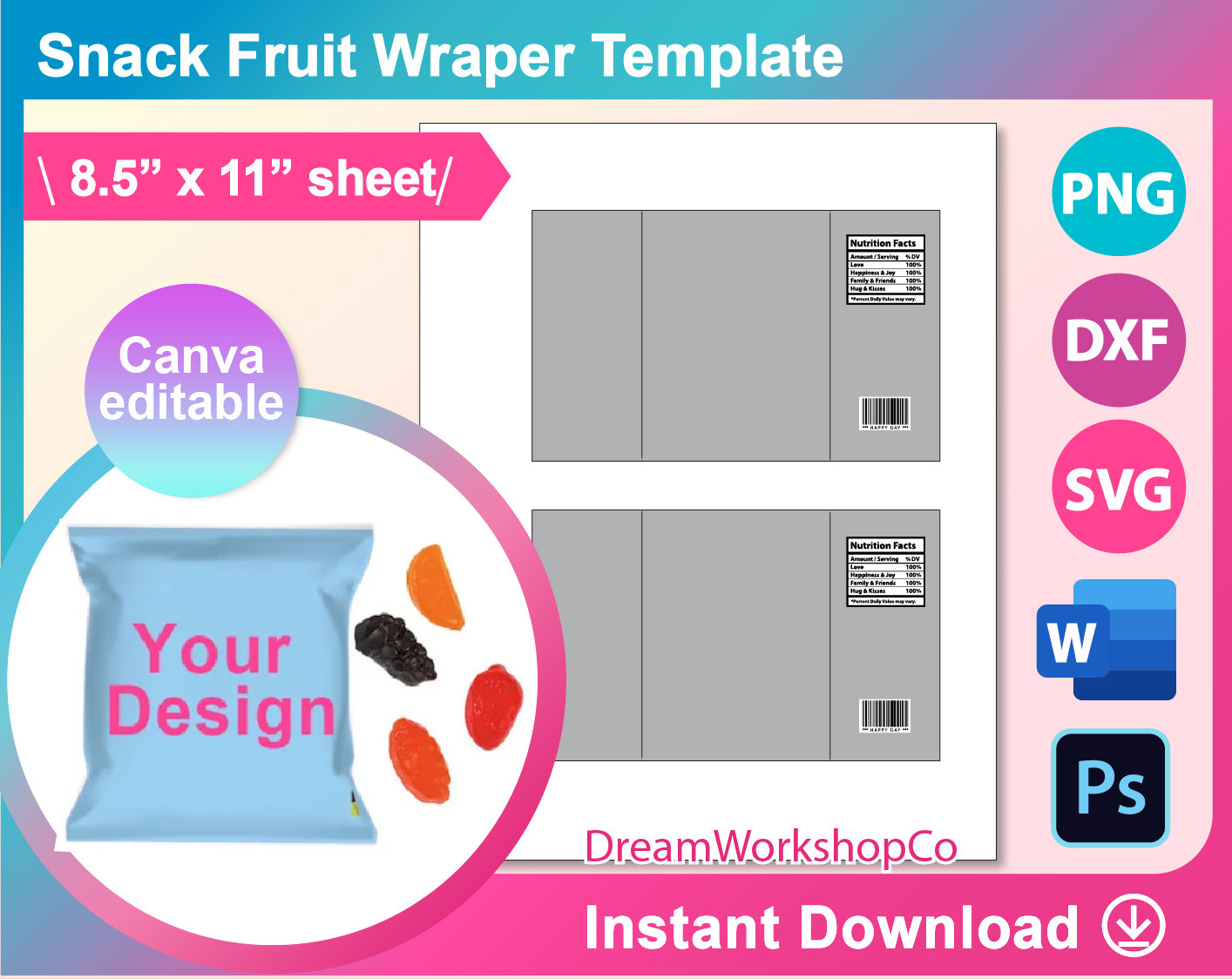 Fruit Snack Label Wrapper Template: Canva, SVG, PNG, PSD (digital ...