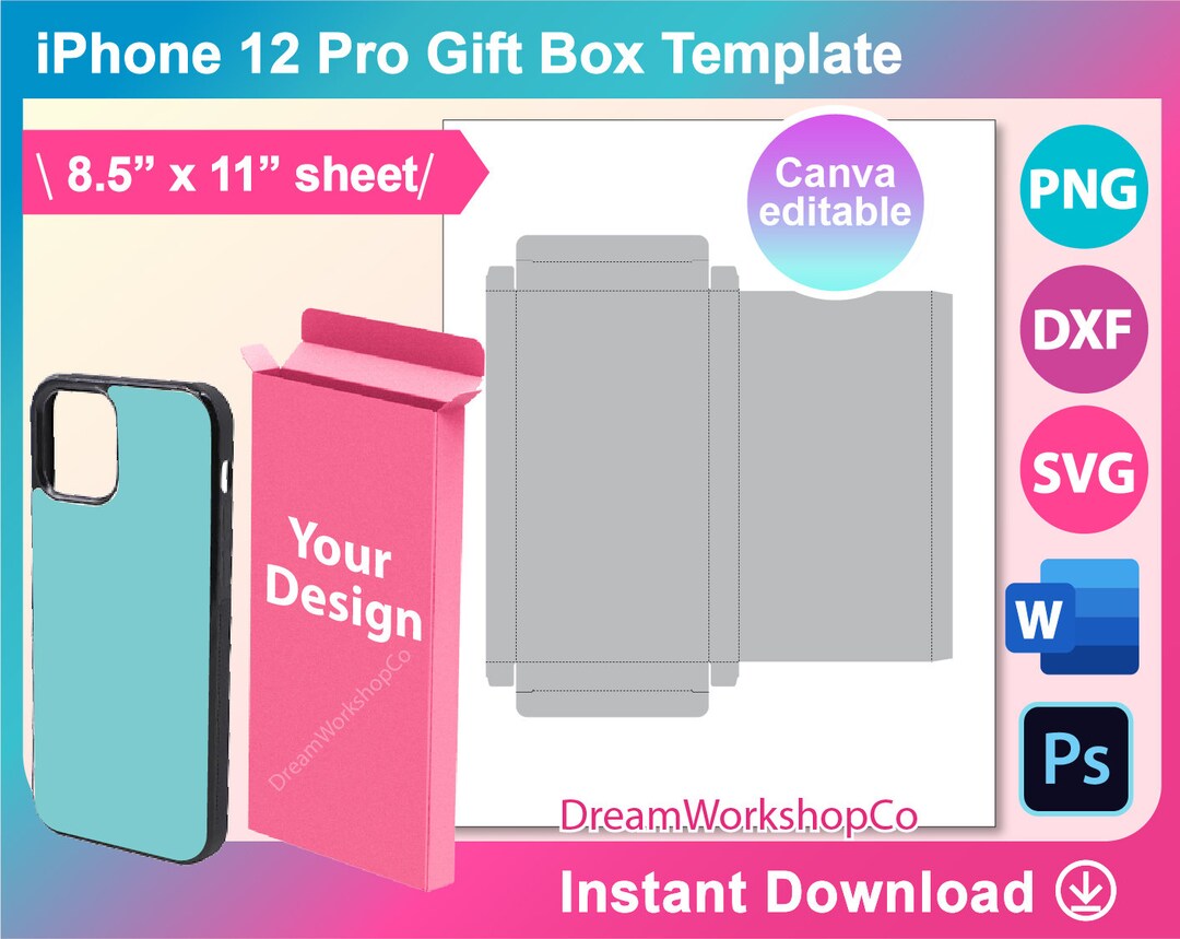 Phone Case Gift Box Template: iPhone 12 Pro, Canva, SVG, PSD (8.5"x11 ...