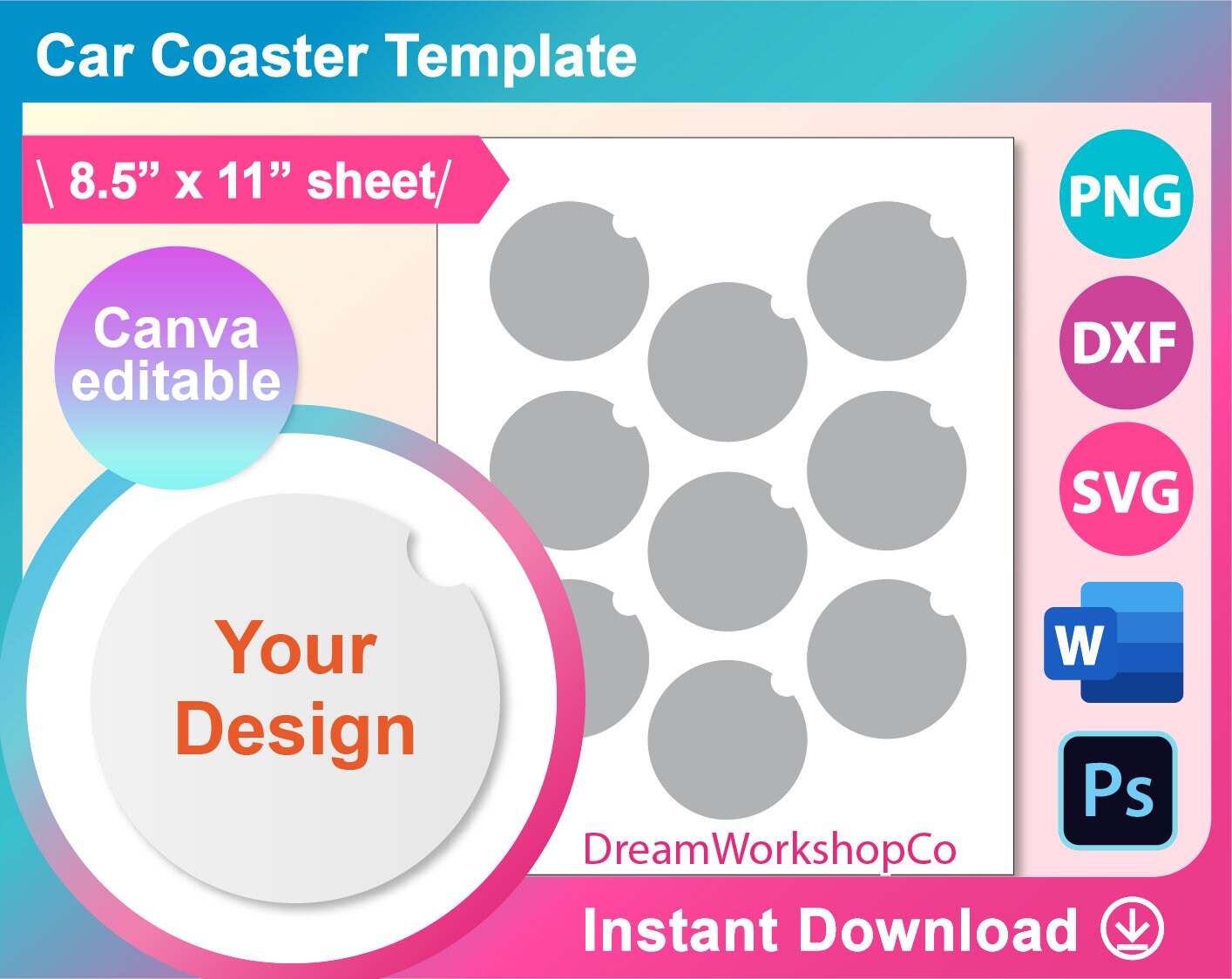Car Cup Coaster Template: SVG, PNG, Canva, MS Word (8.5