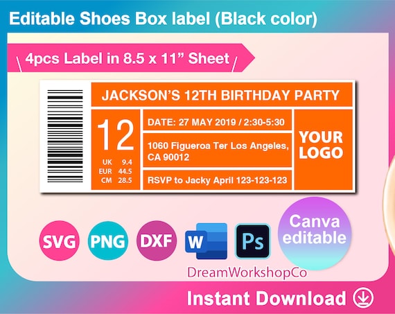 Editable Shoe Box Label Template, Ms Word Docx, Printable,