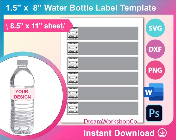 Water bottle Labels template water bottle label blank | Etsy
