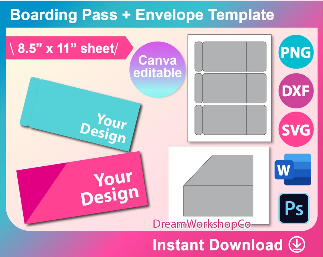 Boarding Pass With Envelope Template, Canva, Ms Word, PSD, PNG, SVG ...