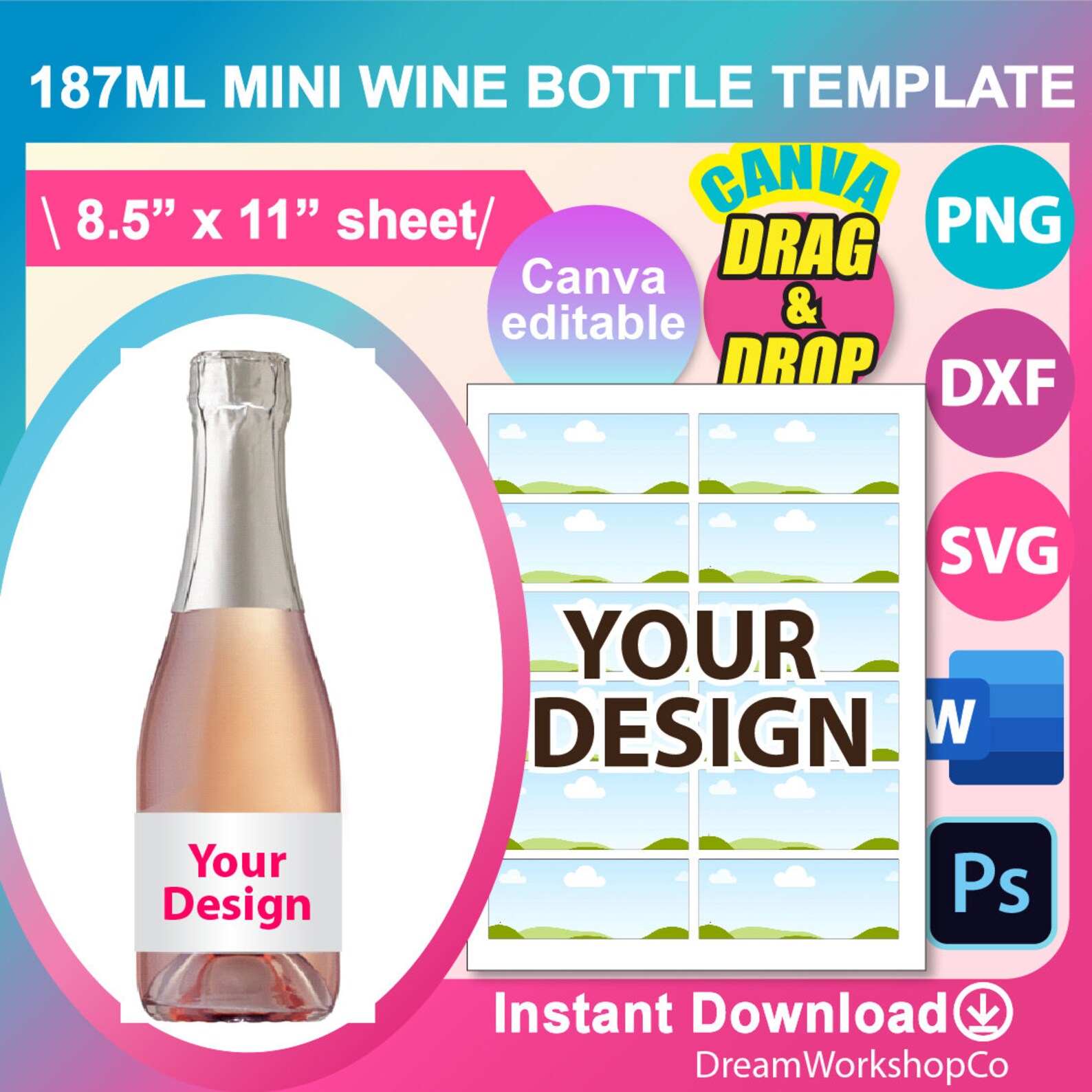 Mini Wine & Champagne Bottle Label Template: Canva, SVG, Dxf, Png ...