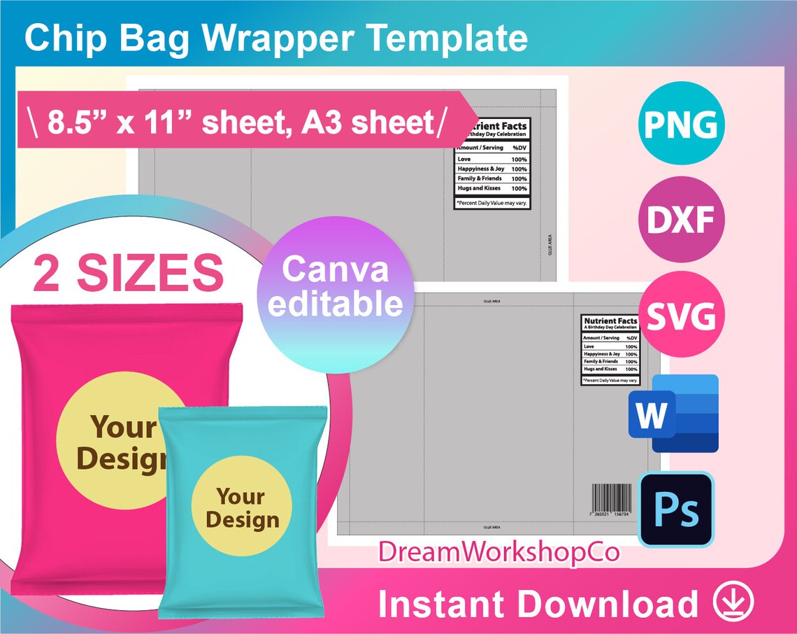 Chip Bag Template SVG DXF Canva Ms Word Docx Png Psd - Etsy
