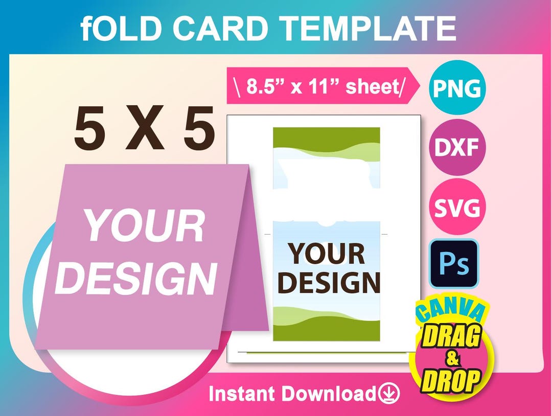 5"x5" Folded Card Template, Folded Note Card Template, SVG, DXF, Canva ...