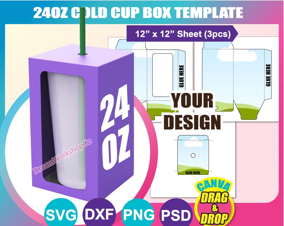 24oz Cold Cup Box Template, Gift Box Template, Window Box Template, SVG ...
