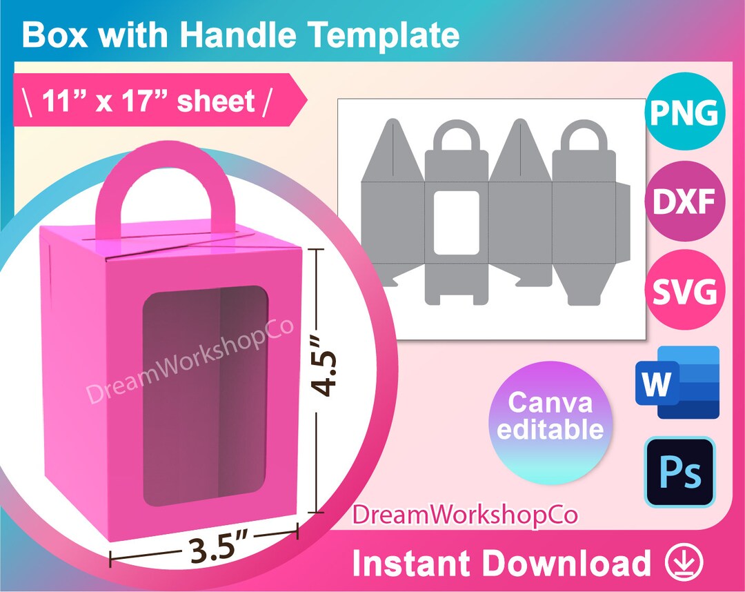 Box With Handle Template, Gift Box, Candy Box, Wedding Favor Box, Canva ...