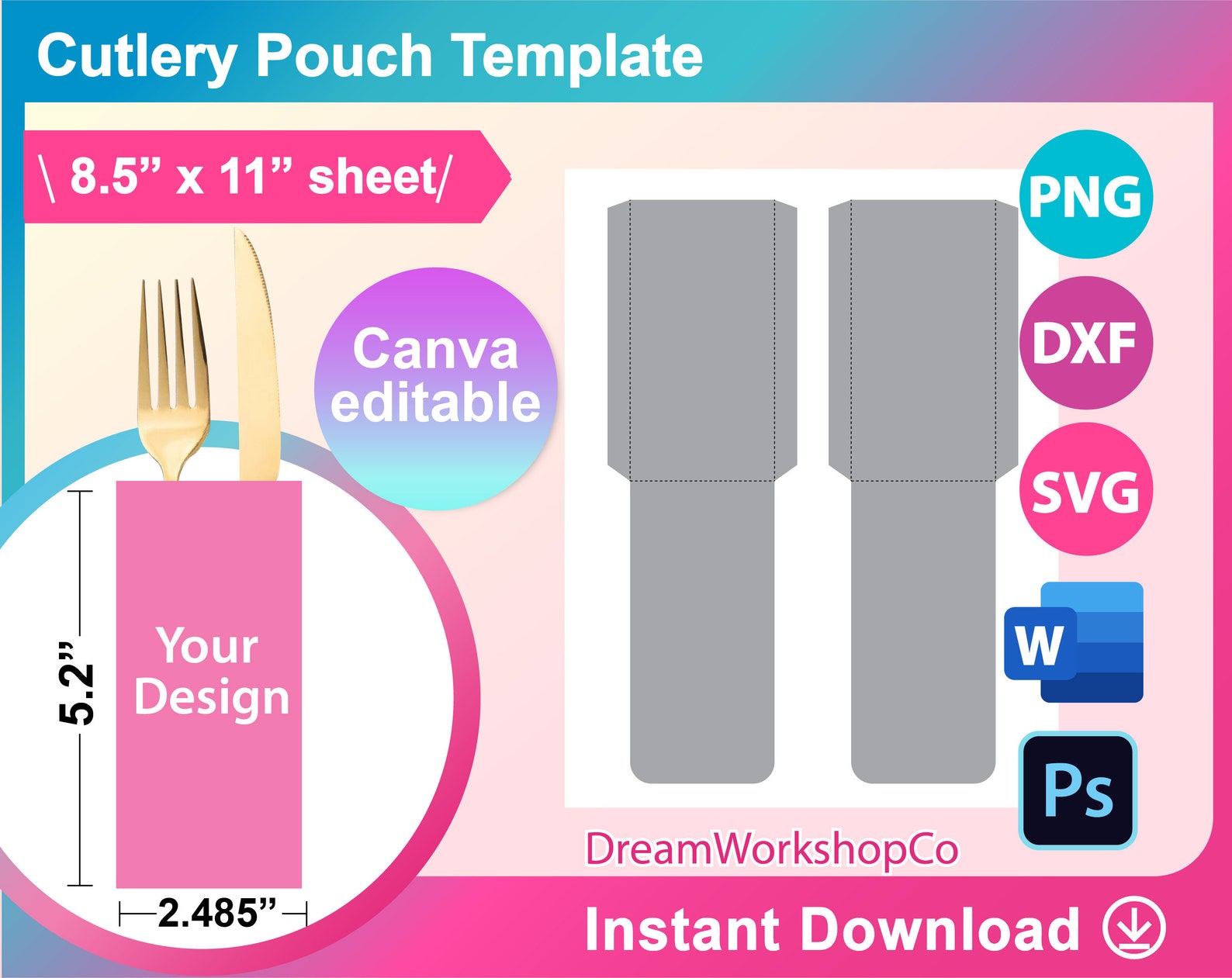 Cutlery Pouch Template, Cutlery Set Template, SVG, Canva, DXF, Ms Word ...