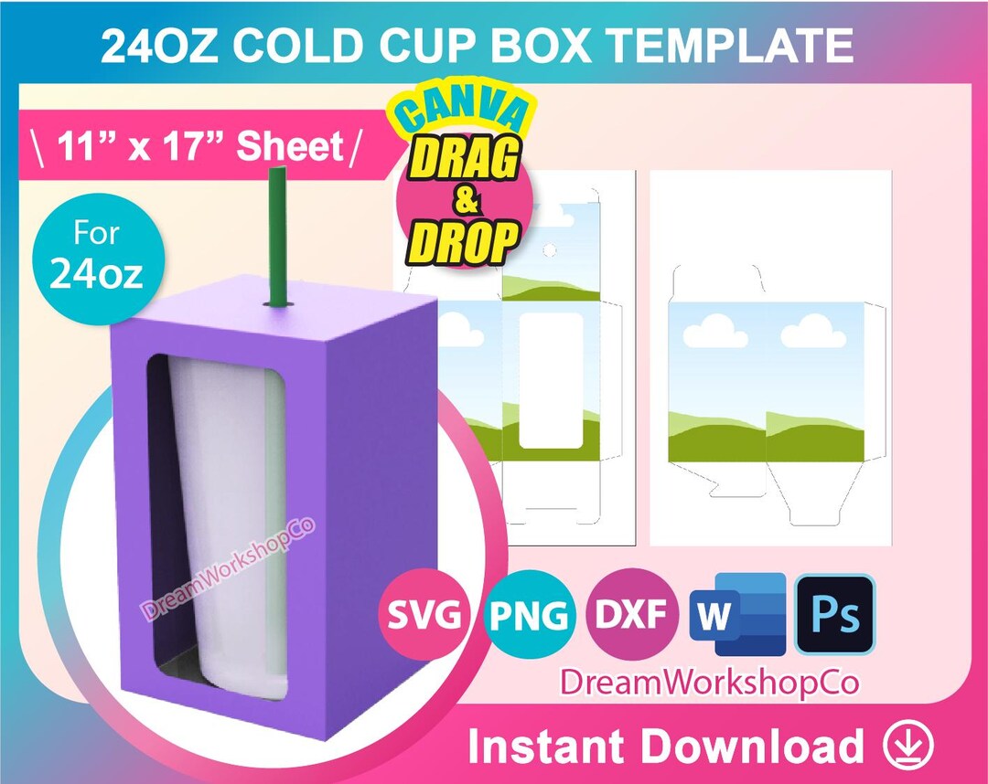 24oz Cold Cup Box Template, Gift Box Template, Window Box Template, SVG ...
