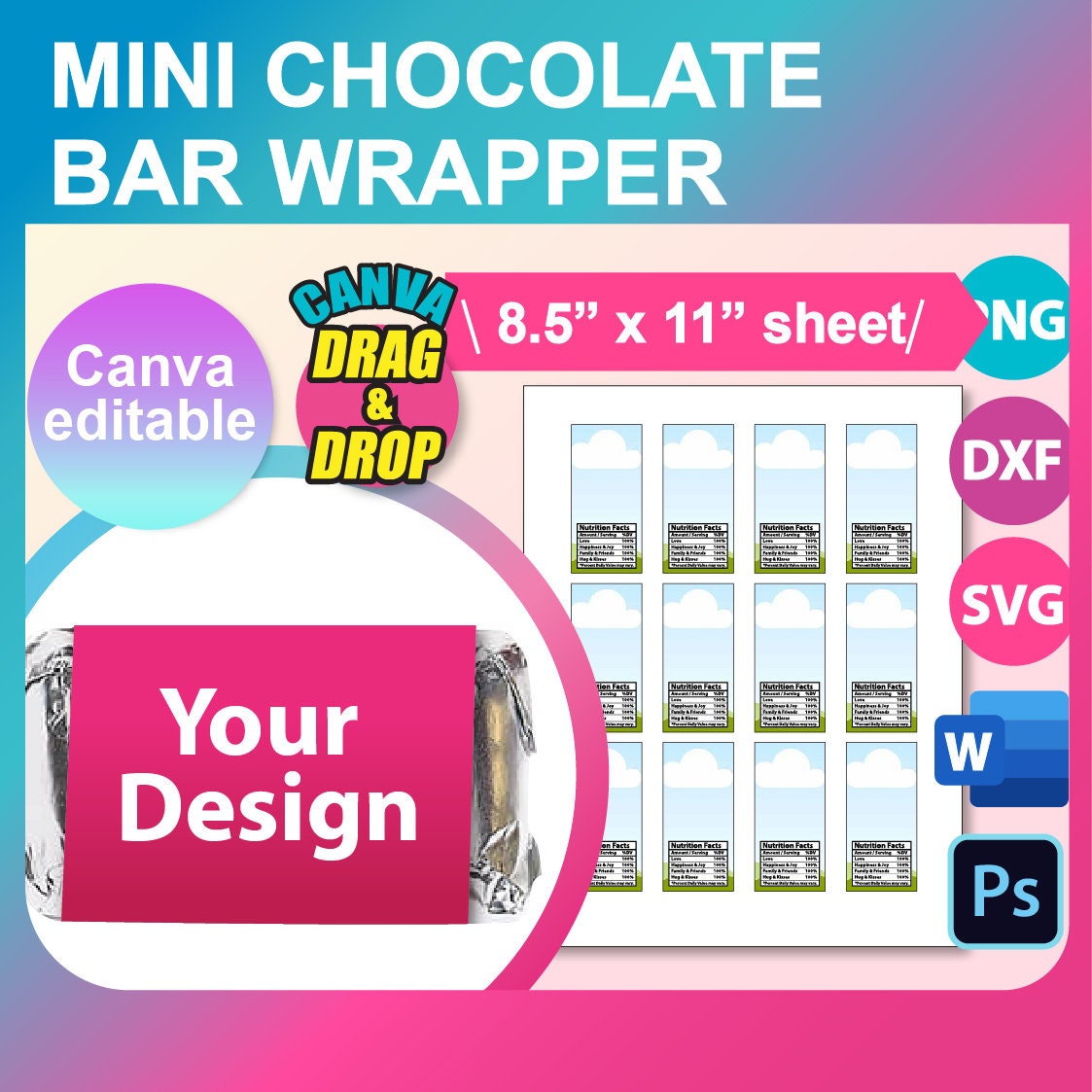 Mini Chocolate Wrapper Template, Mini Candy Wrapper Template, SVG, DXF, Ms Word Docx, Png, Psd ...
