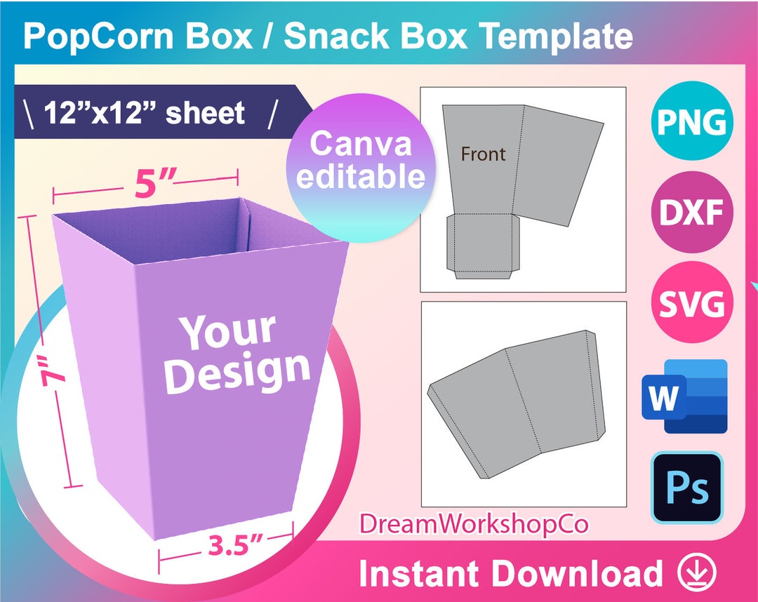 Scalloped Pop Corn Box Template, Snack Box Template, Canva, SVG, DXF ...