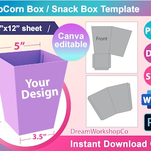 Scalloped Pop Corn Box Template, Snack Box Template, Canva, SVG, DXF ...