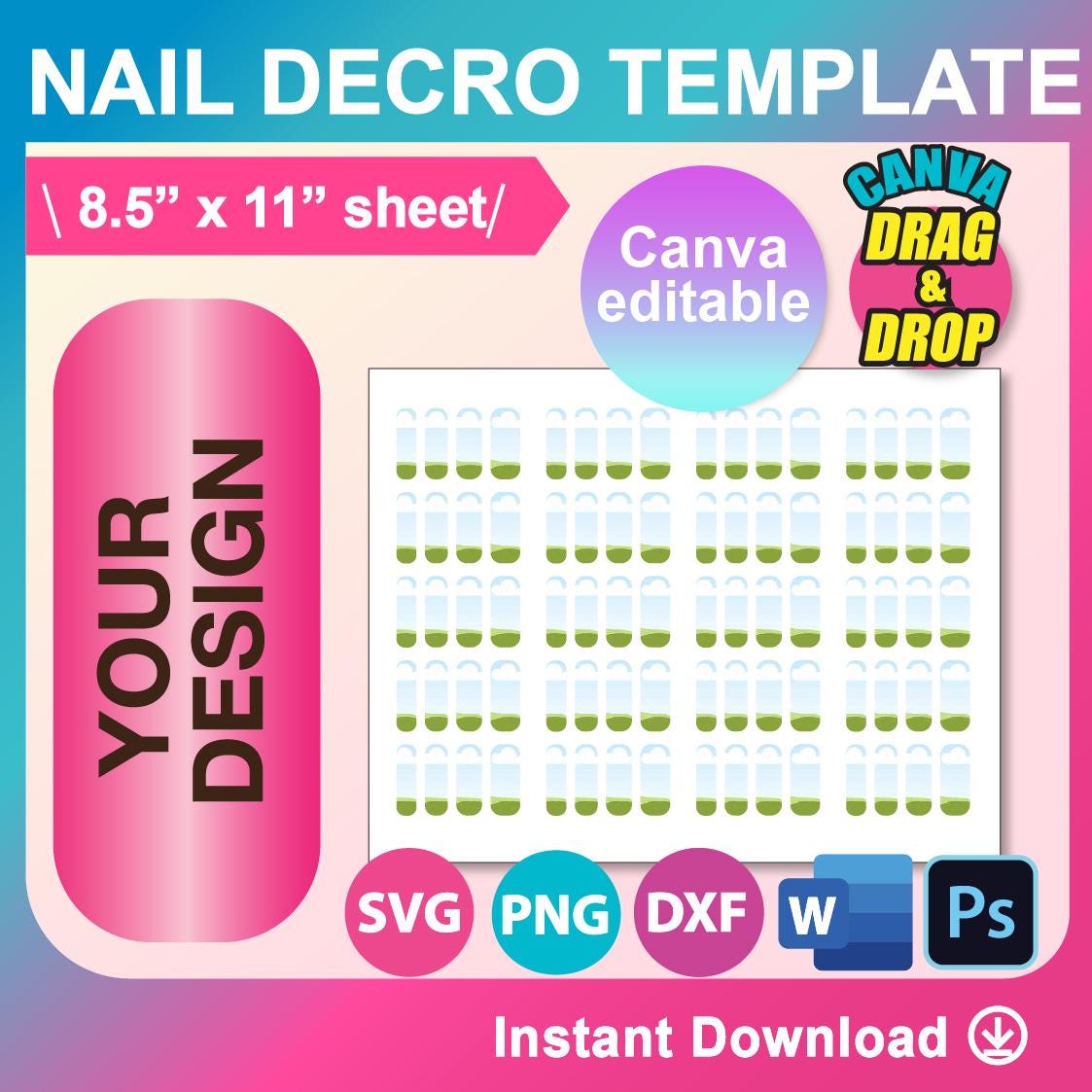 Nail Template, Nail Template SVG, DXF, Canva, Ms Word Docx, Png, PSD, 8 ...