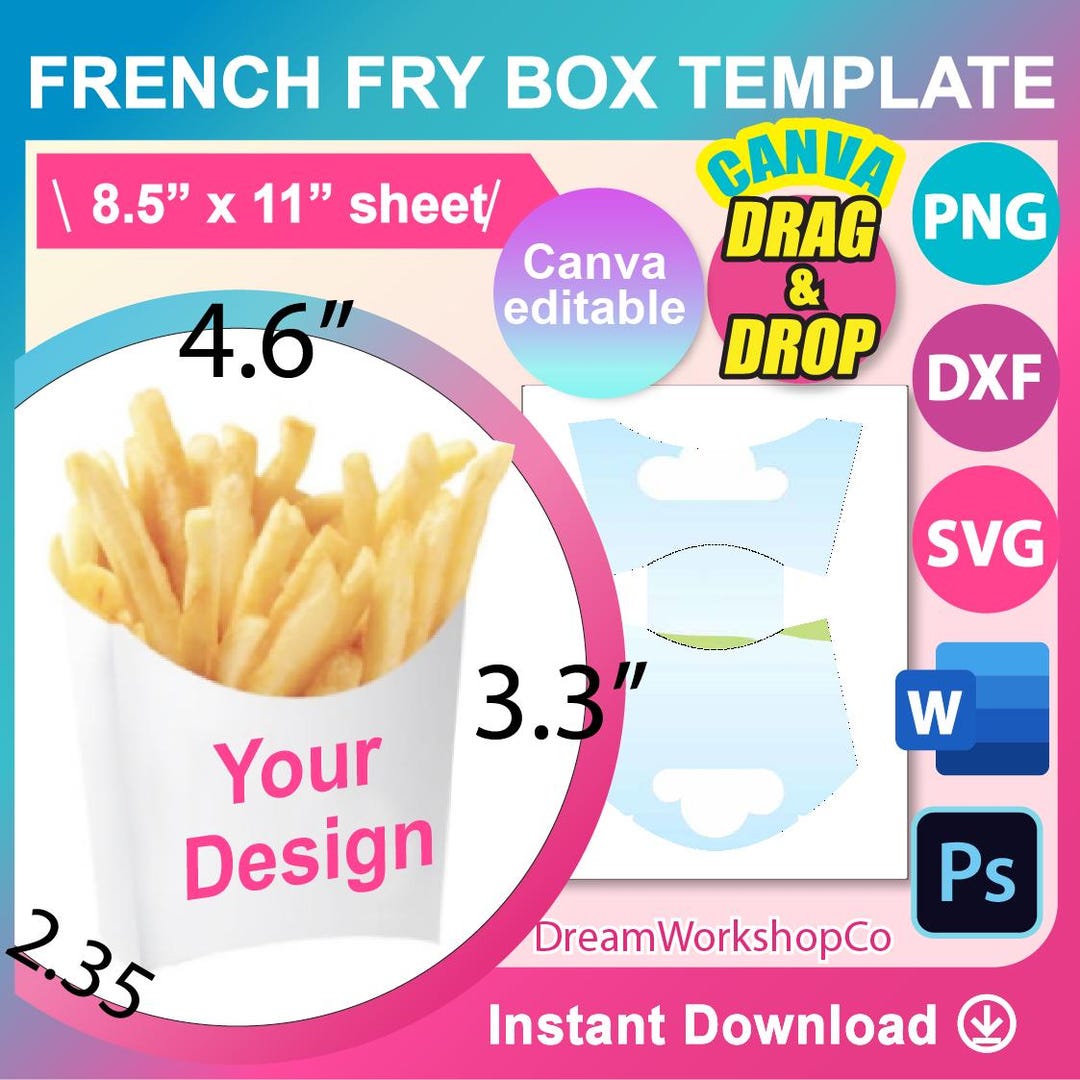 French Fry Box Template, SVG, DXF, Ms Word Docx, Png, Psd, 8.5"x11 ...