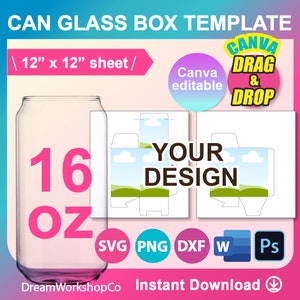 16oz Can Glass Box Template, Canva, SVG, PNG, PSD, 12x12 Sheet (digital ...