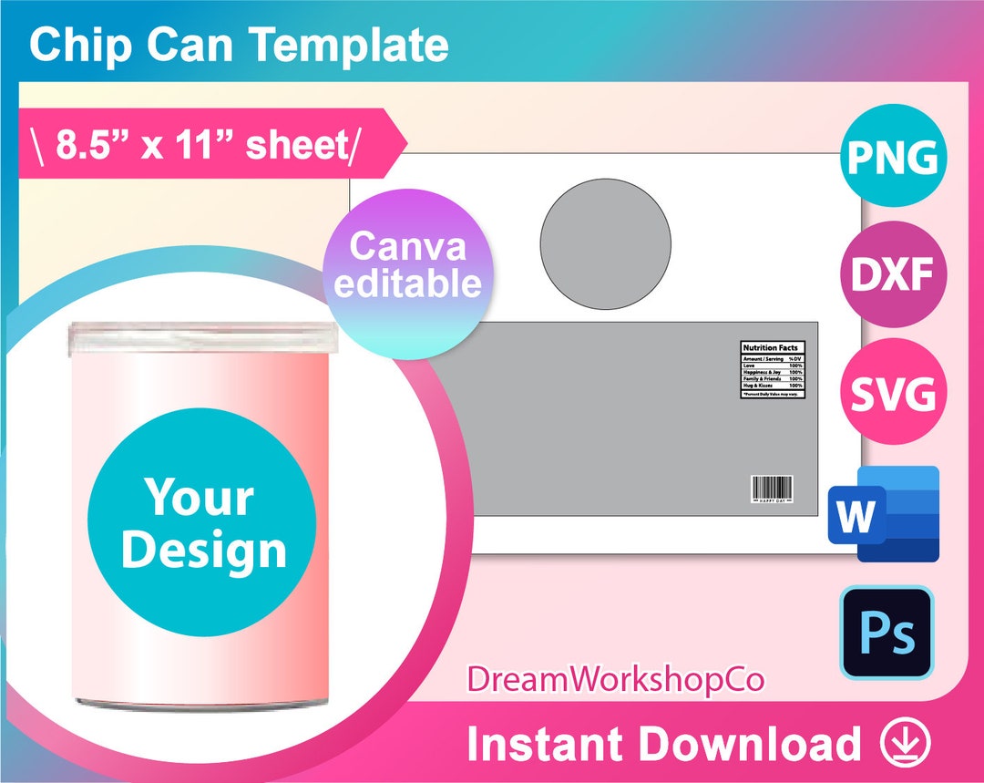 2.3oz Chip Can Template, Chip Can Label Template, SVG, Canva, DXF, Ms ...