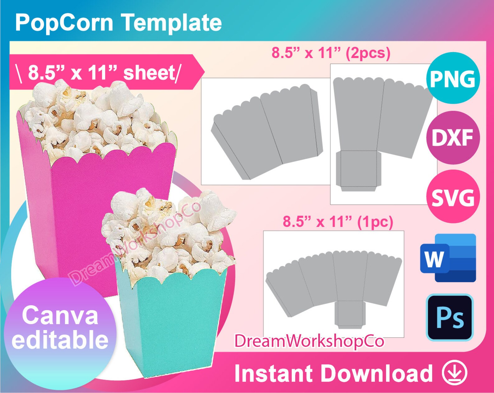 Popcorn Box Template Bundle, Popcorn Box Template Canva, SVG, DXF, Ms ...