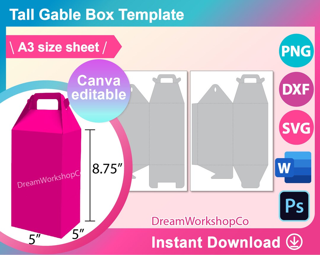 Tall Gable Box Template, Box With Handle Template, Tall Box Svg, Gift Box, Canva, SVG, DXF, Ms ...