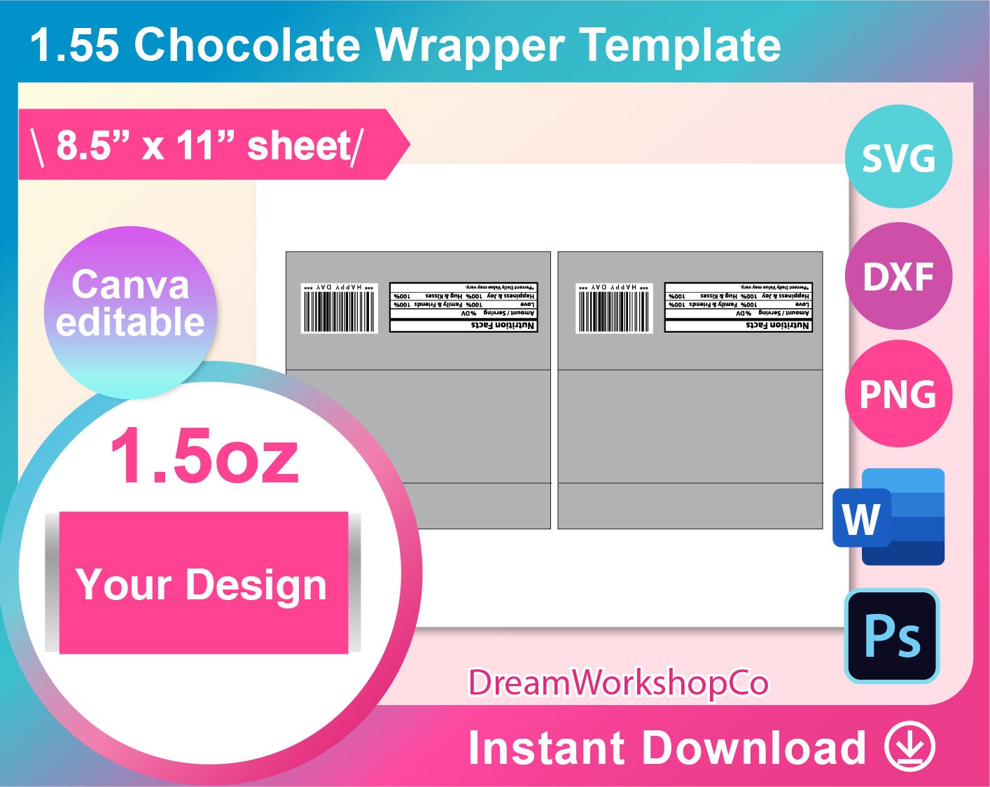 1.55oz Chocolate Bar Wrapper Template Canva SVG DXF Ms - Etsy UK