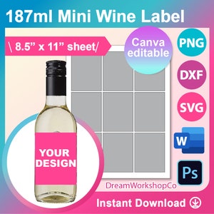 187ml Wine Label Template, Mini Wine Bottle Labels, SVG, DXF, Ms Word ...
