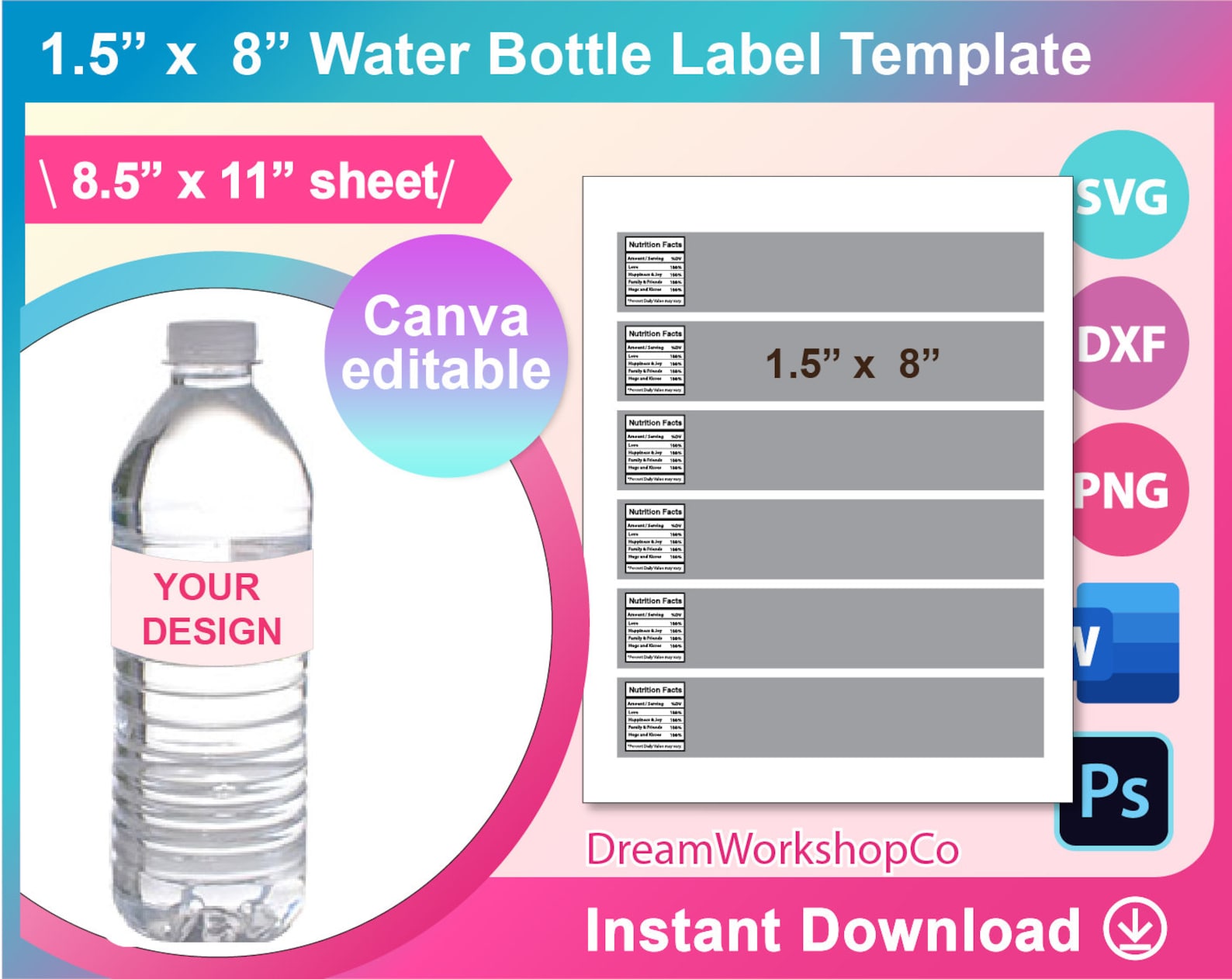 Water Bottle Label Template: Blank 8.5"x11" SVG, Canva, PNG, PSD, Docx ...