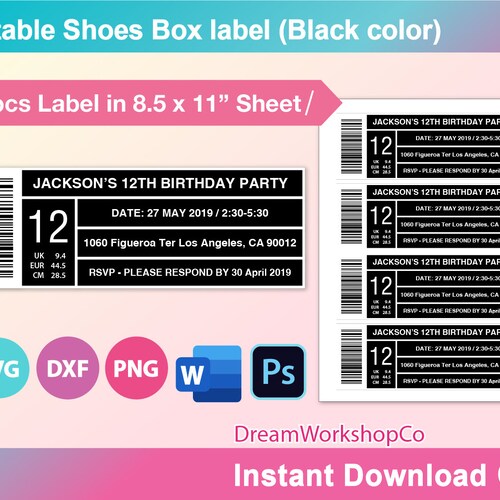 Editable Shoe Box Label Template Ms Word Docx Printable - Etsy
