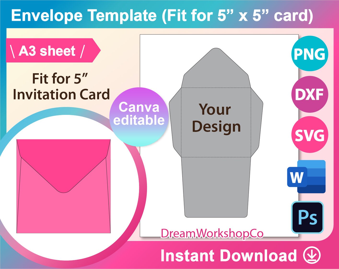5.25" Square Envelope Template: A3 Sheet, Canva, SVG, Dxf, Png, Digital ...