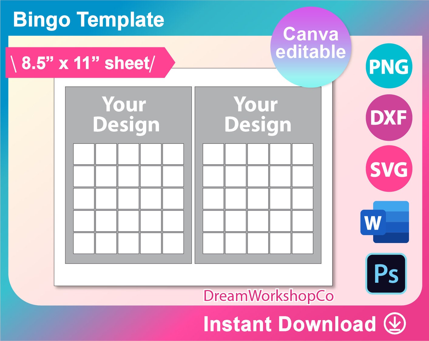 Bingo Template, SVG, DXF, Canva, Ms Word Docx, Png, Psd, 8.5x11 Sheet ...