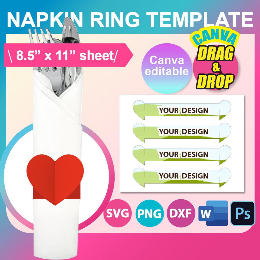 Heart Napkin Ring Template, Napkin Wraps, Canva, Ms Word, PSD, PNG, SVG, Dxf, 8.5x11" Sheet ...