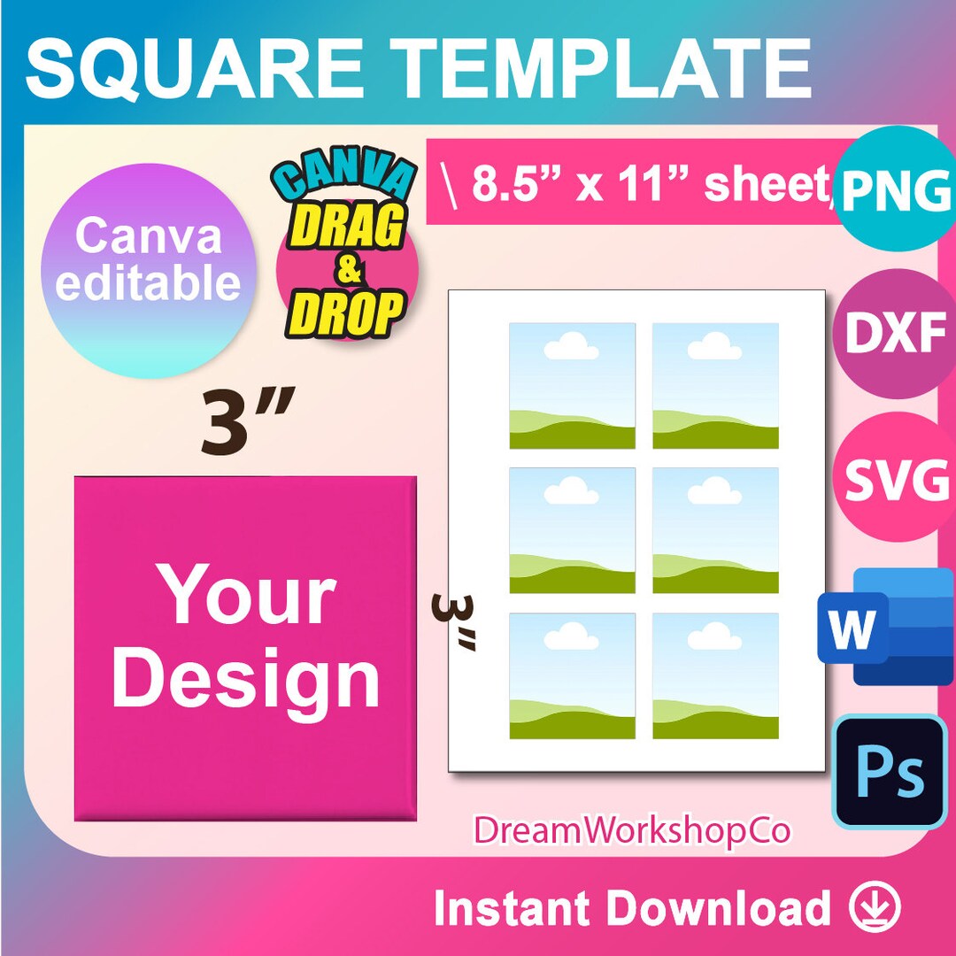 3" Square Template, Magnet Multipurpose Labels Template, SVG, Canva ...