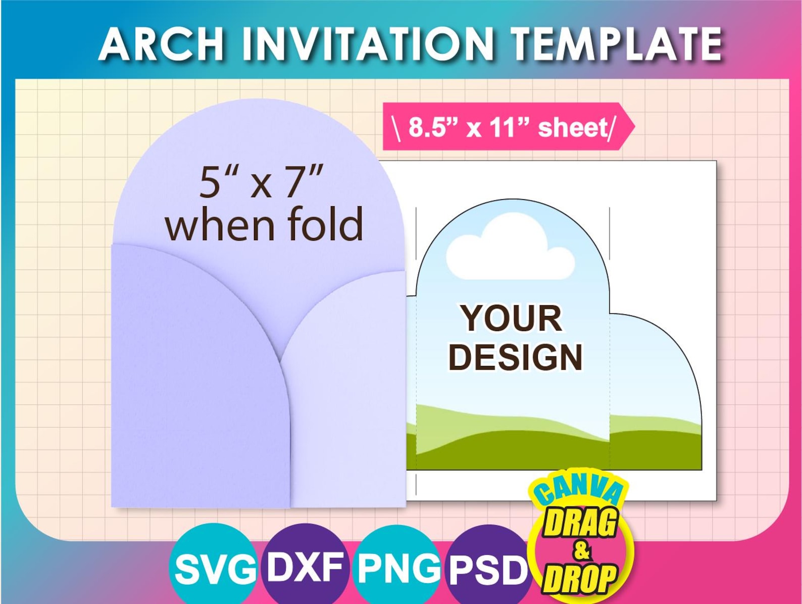 Arch Fold Wedding Invitation Template: 5"x7" Canva, PSD, SVG, DXF ...