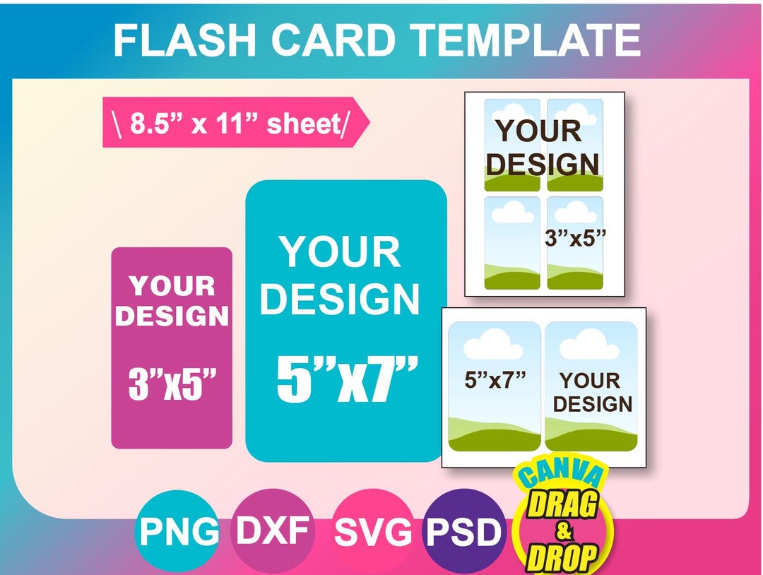 3x5, 5x7, Flash Card Template, Canva, DXF, Png, Psd, 8.5"x11" Sheet ...