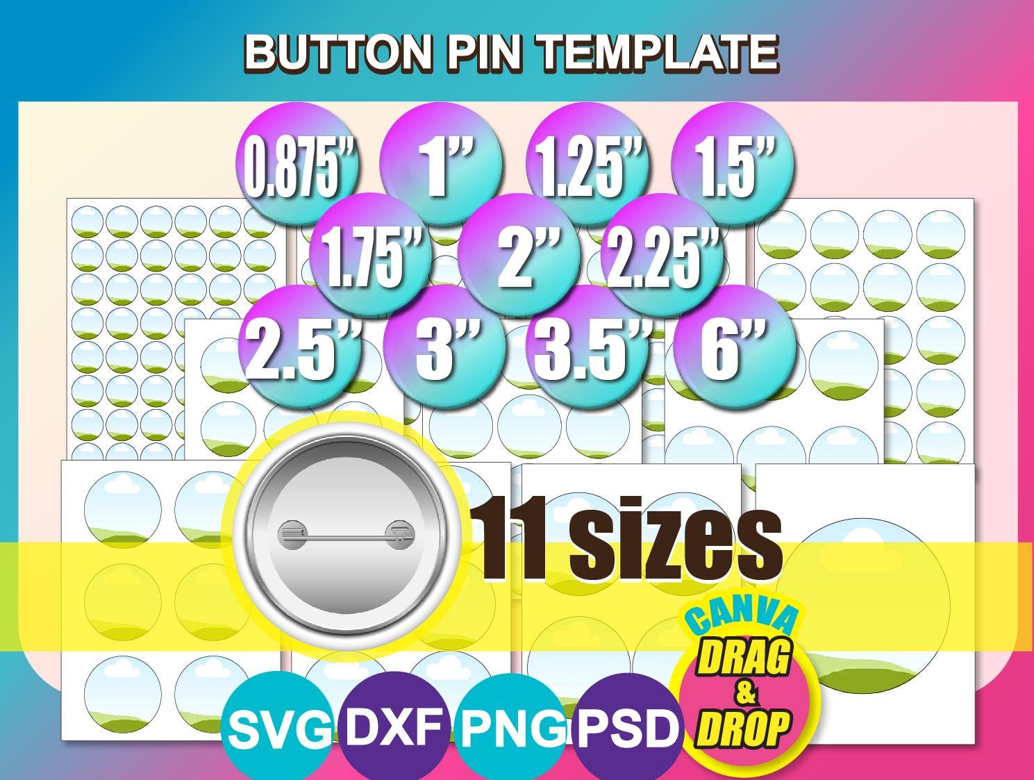 Button Pin Template: 11 Sizes, Canva, SVG, PNG, PSD (digital Download ...