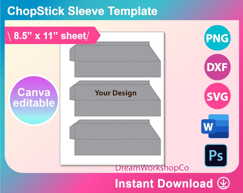 Chopstick Sleeve Template, Canva (svg, Dxf, Png, Psd, Docx) (8.5x11 ...