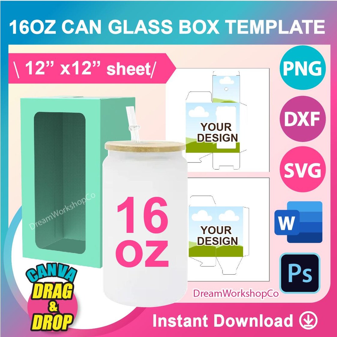 16oz Can Glass Box Template: 12x12 Sheet, Canva, SVG, DXF, Psd, Png ...