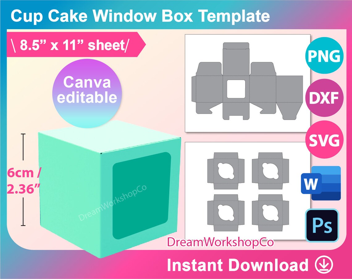 Cupcake Box Template, Wedding Favour Box, Canva, DXF, SVG, PSD, Png ...
