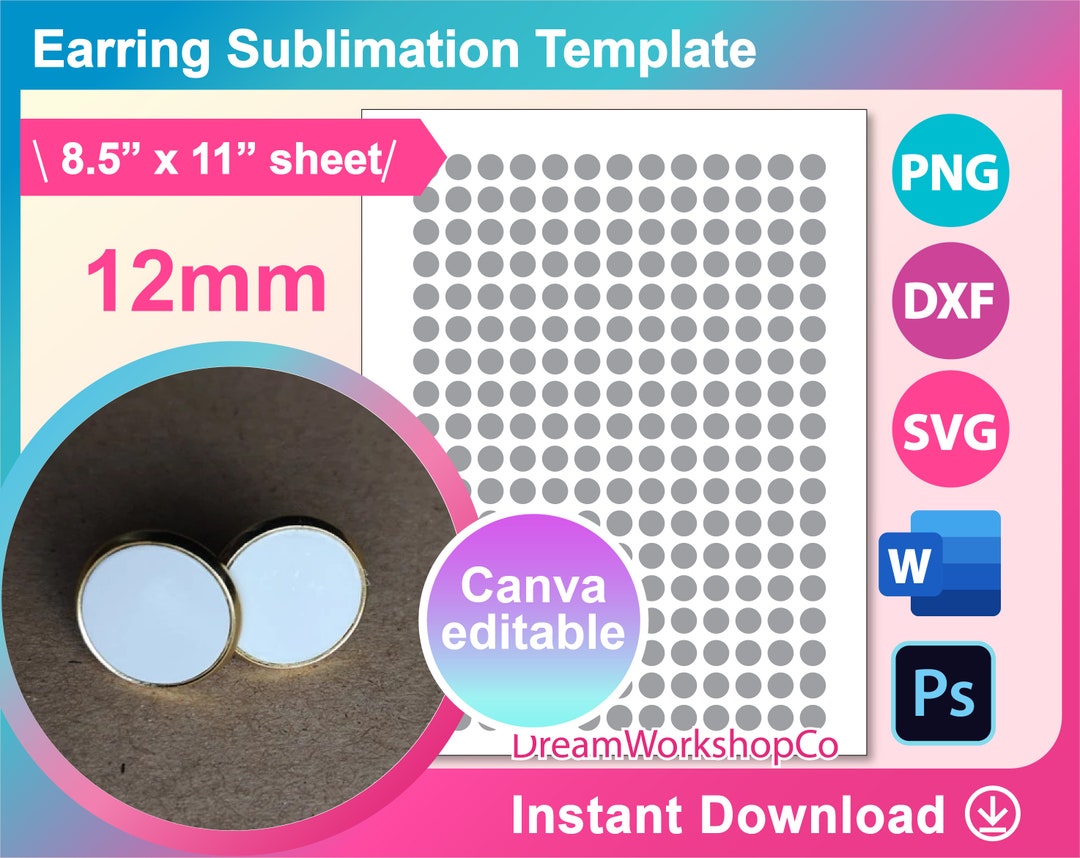 12mm Circle Template, Sublimation Earring Template, SVG, DXF, Canva, Ms ...