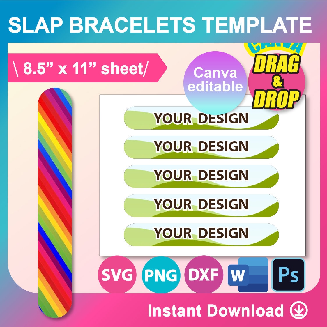 Slap Bracelets Template: 8.5x11" Sheet, Canva, SVG, PNG, DXF (instant ...