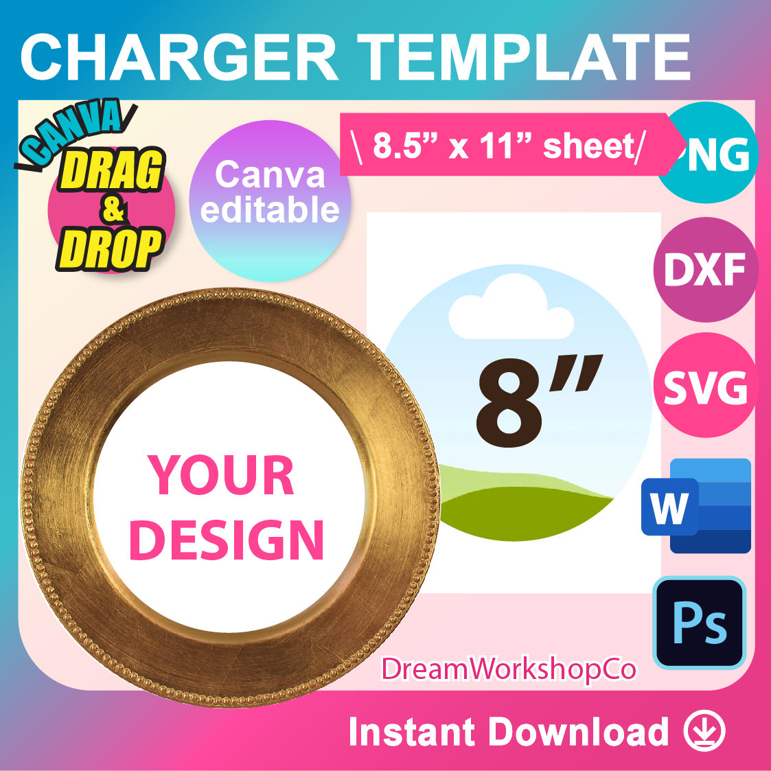 8inch Plate Charger Template 4 Sizes, Plate Charger Insert Template SVG ...