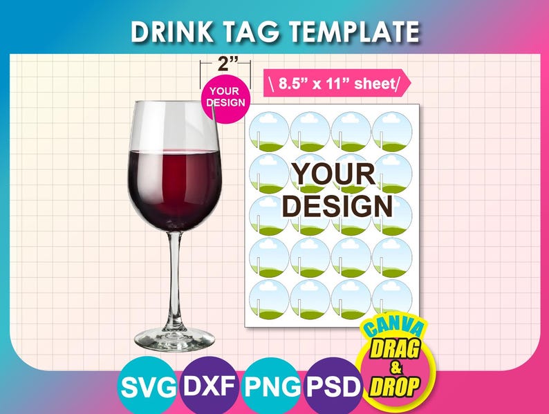 Wine Glass Tag Template (svg, Dxf, Png, Psd, Canva), Printable (8.5"x11 ...