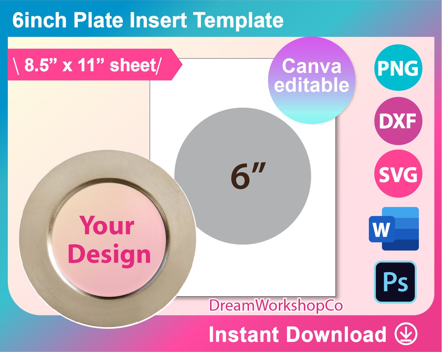 6inch Plate Charger Template, Canva, SVG, DXF, Psd, Png, 8.5x11 Sheet ...