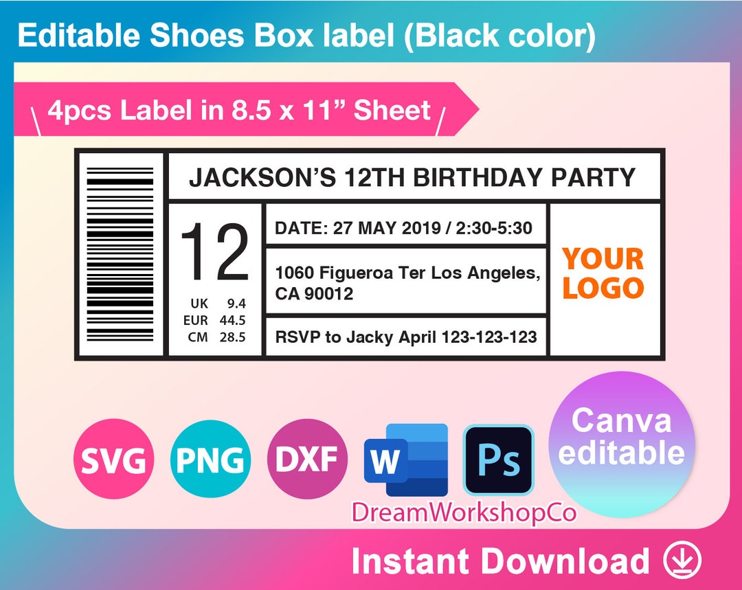 Shoe Box Label Template, SVG, DXF, Png, Canva, Ms Word Docx, PDF ...
