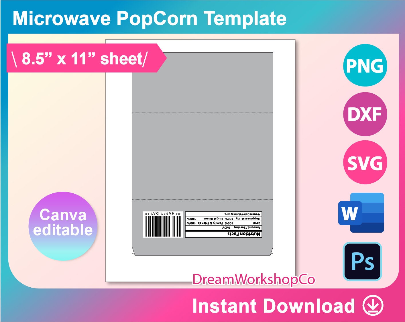 Microwave Popcorn Wrapper Template, Canva, SVG, DXF, Png, Psd, 8.5"x11 ...