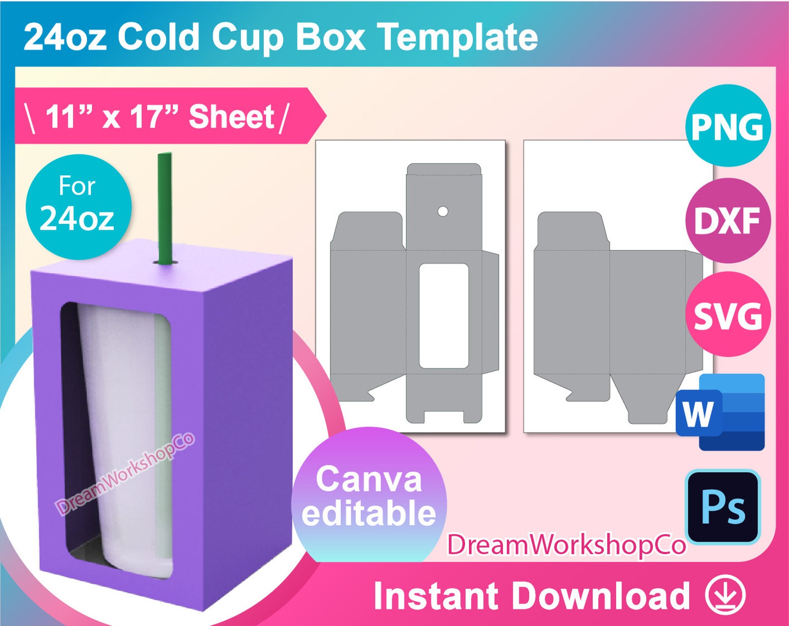 24oz Cold Cup Box Template Gift Box Template Window Box - Etsy