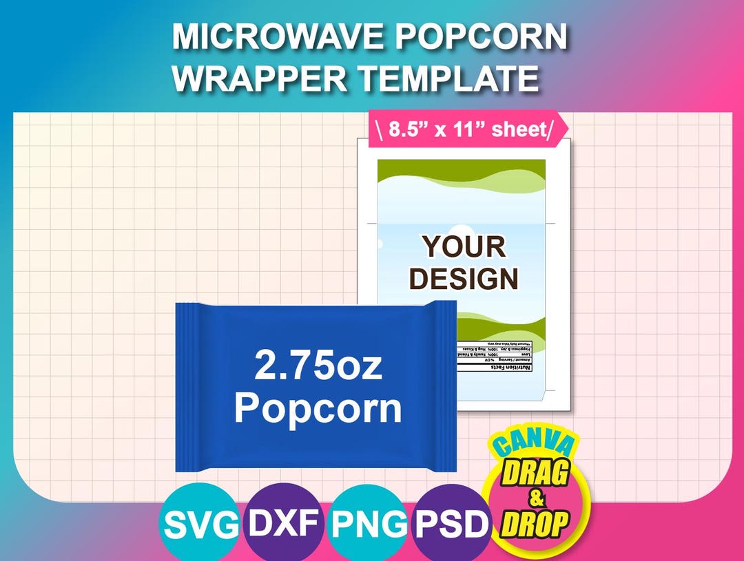 Microwave Popcorn Wrapper Template, Canva, SVG, DXF, Png, Psd, 8.5"x11 ...