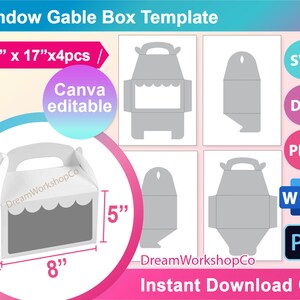 Scalloped Window Gable Box Template, Box With Handle Template SVG, Canva, DXF, Ms Word Docx, Png ...