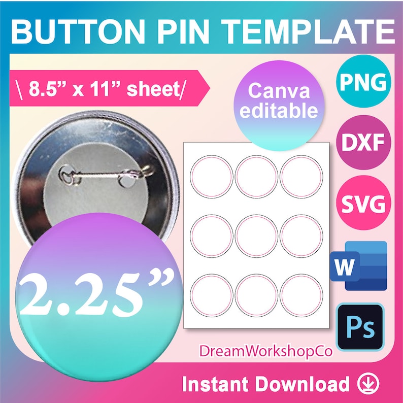2.25inch Button Pin Template, 2.25inch Pin Button Template, Canva, SVG ...